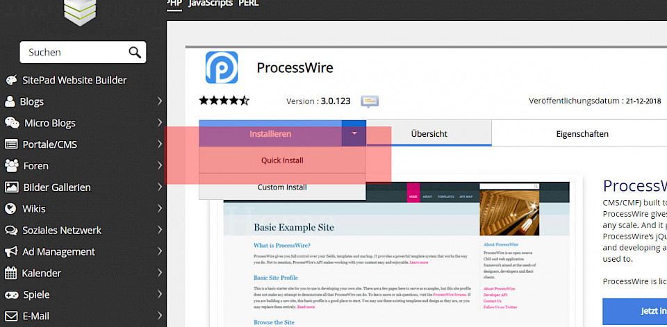 Wie installiere ich Processwire mit dem Scriptinstaller bei Serverpr